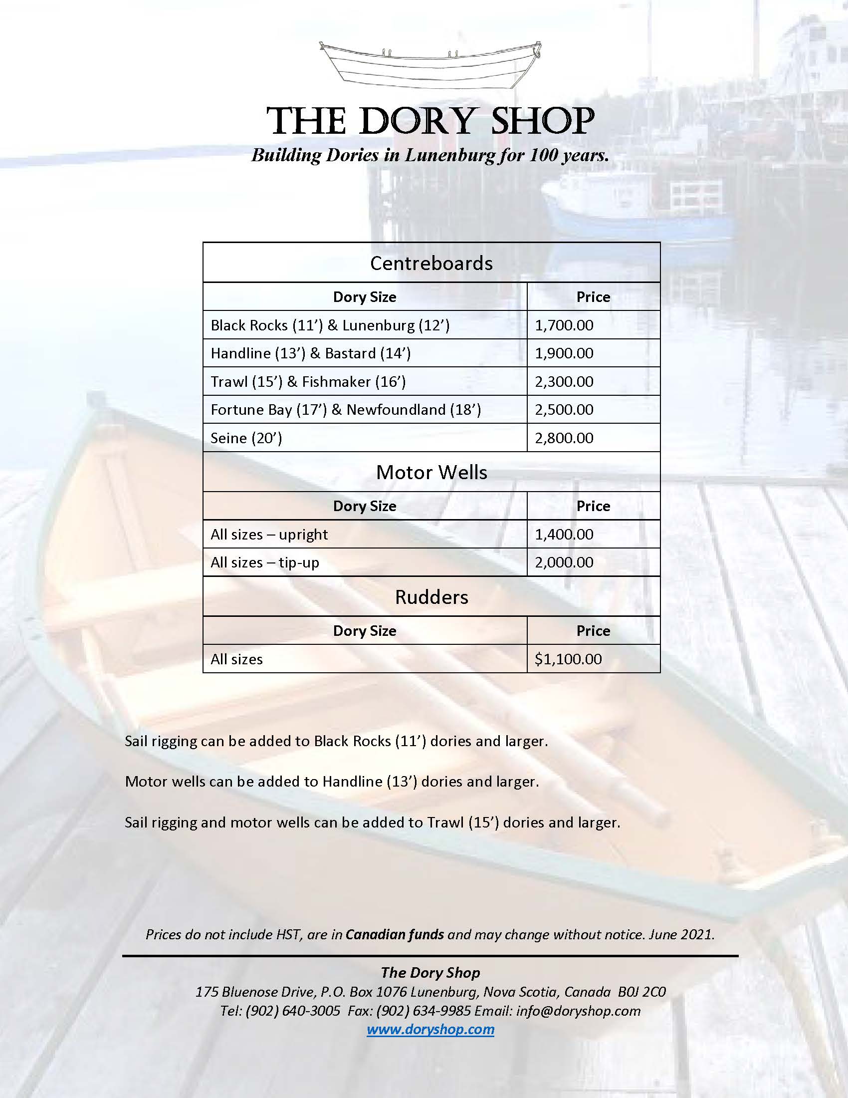Price List - The Dory Shop